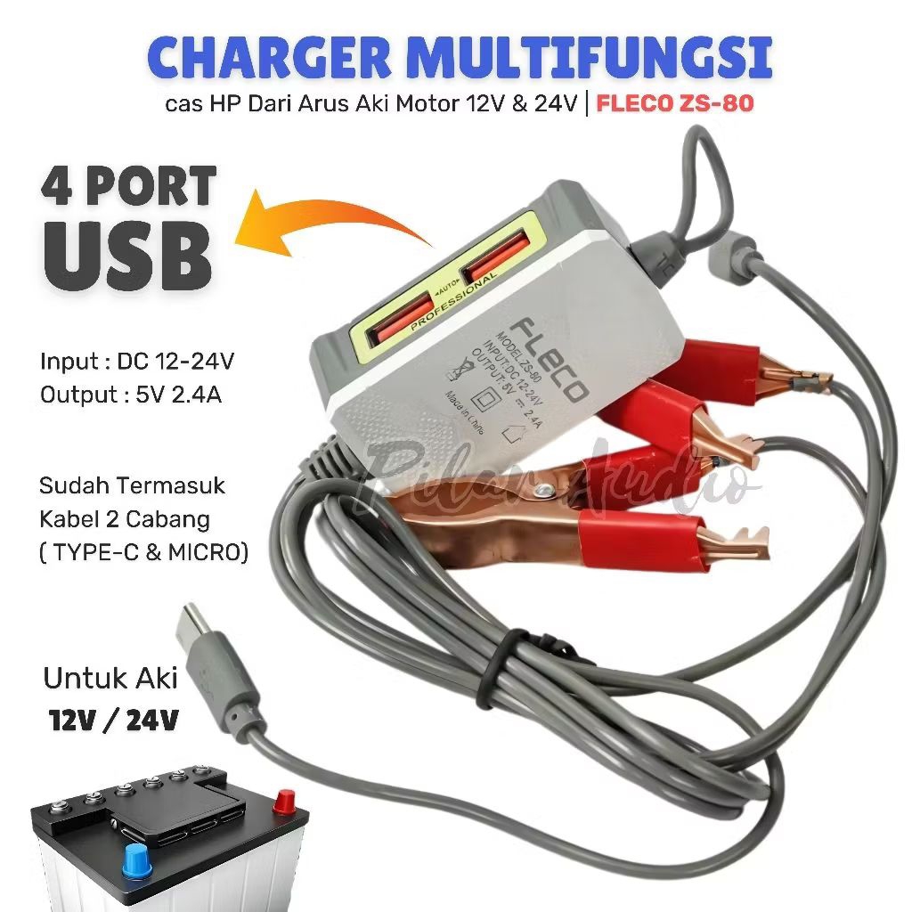 Jual Charger Aki DC Adaptor Pengisi Daya 5 Port USB 2.4A Cas Aki FLECO ...