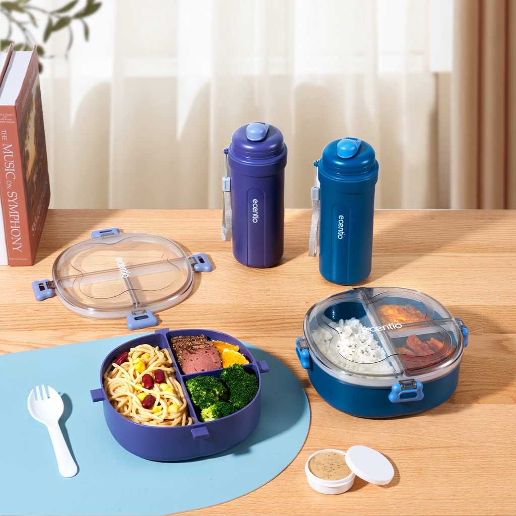 Jual ecentio tempat makan set anti tumpah 1000ml + botol minum 500ml Kotak Bekal Makan 3 sekat ...