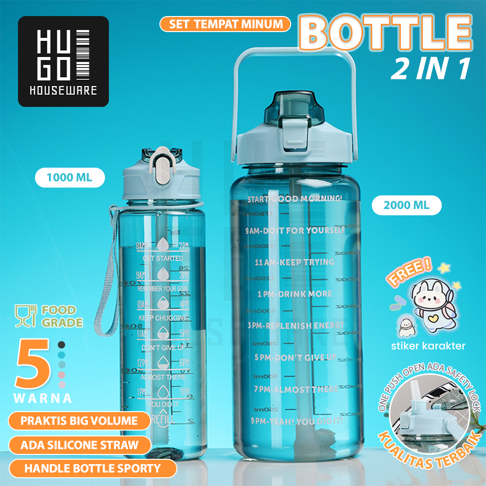 Jual HUGO Botol Minum Transparan Set 2 in 1 Botol Air Anti Bocor Botol Anak Sekolah Premium BPA ...
