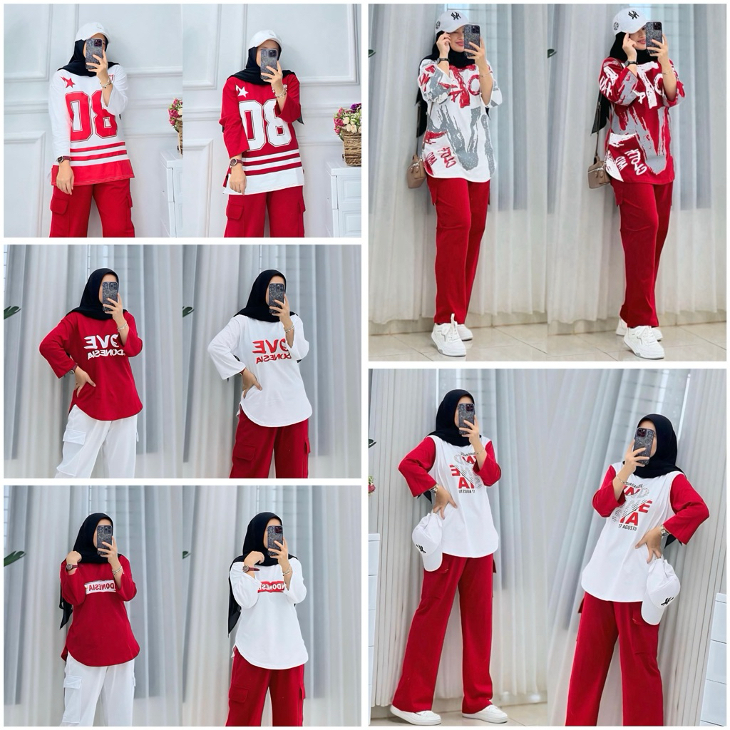 Jual Baju One Set Cargo Agustusan Merah Putih Olahraga Senam Series | Shopee Indonesia