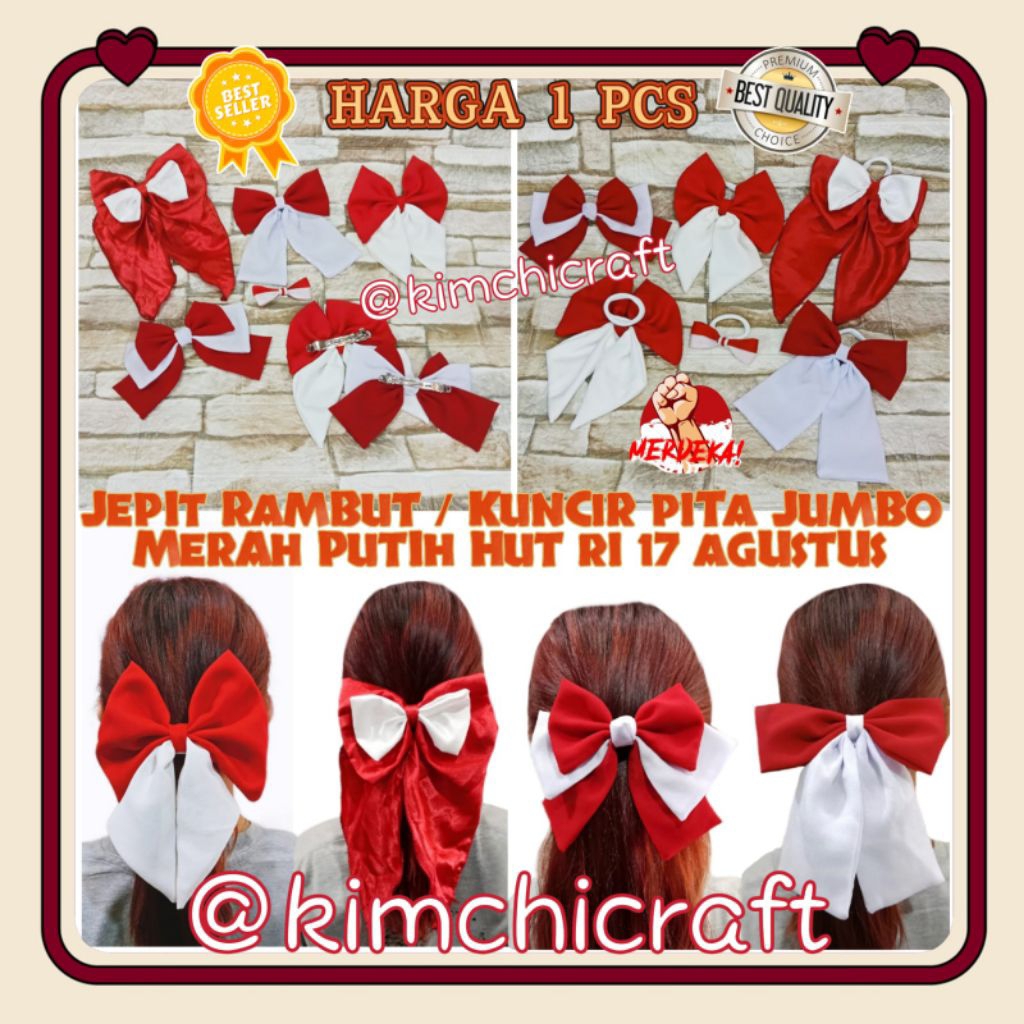Jual (1PCS) JEPIT RAMBUT PITA JUMBO MERAH PUTIH PREMIUM / IKAT RAMBUT ...