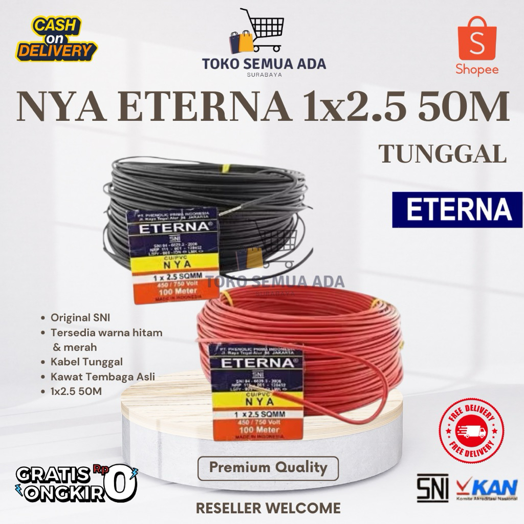 Jual ETERNA KABEL NYA 1x2.5 50mtr/ 100mtr Hitam/Merah Ori Kawat Tunggal | Shopee Indonesia