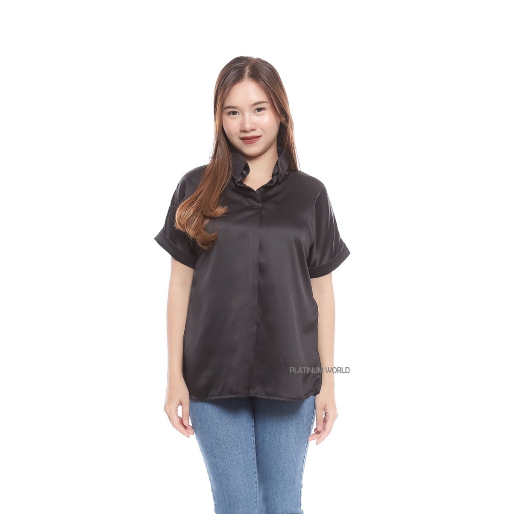 Jual PLATINUM WORLD Kemeja Hitam Wanita Jumbo M - XXL Satin Premium ...