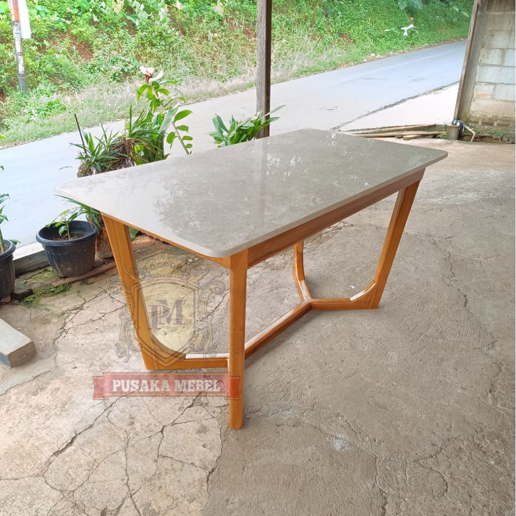 Jual meja makan top marmer asli kaki kayu jati solid model oval, dining ...