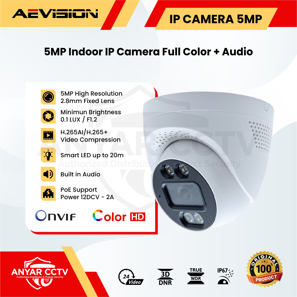 Jual AEVISION IP Camera Dome 5MP Audio + ColorVu POE Indoor | Shopee ...
