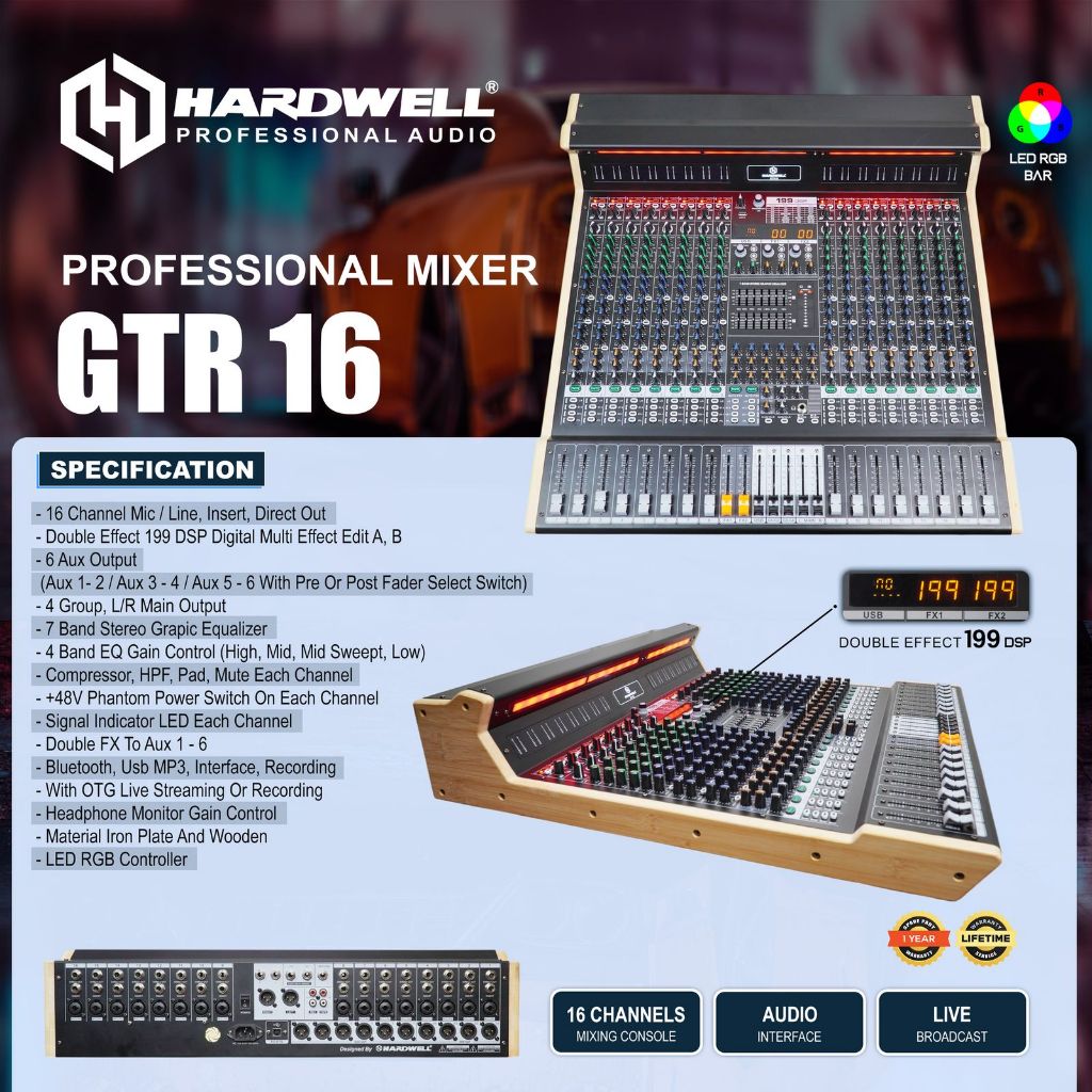 Jual Mixer Audio 16 Channel Hardwell GTR-16 Mixer Double Effect 199 DSP ...