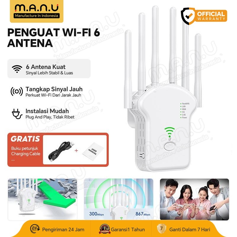 Jual MANU Penguat Sinyal WiFi6 Repeater Kecepatan 1200Mbps Koneksi Stabil - 6 Antena Tembaga ...