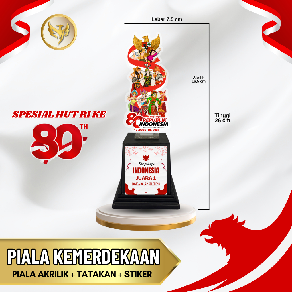 Jual Piala Akrilik Kemerdekaan 80 Tahun HUT RI Custom Sticker Tatakan ...