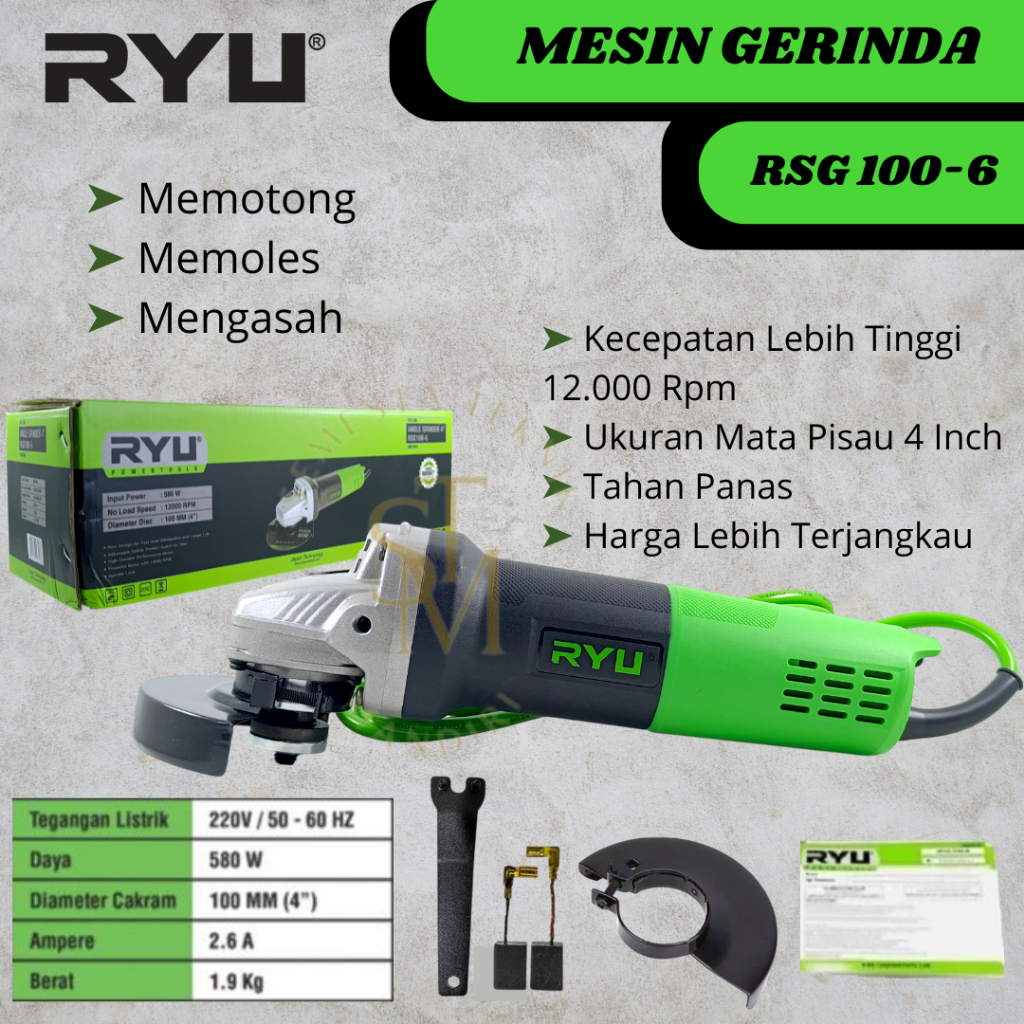 Jual MESIN GERINDA TANGAN LISTRIK RYU RSG 100-6 / Gurinda 4" / Grinda Potong, Poles, Amplas ...