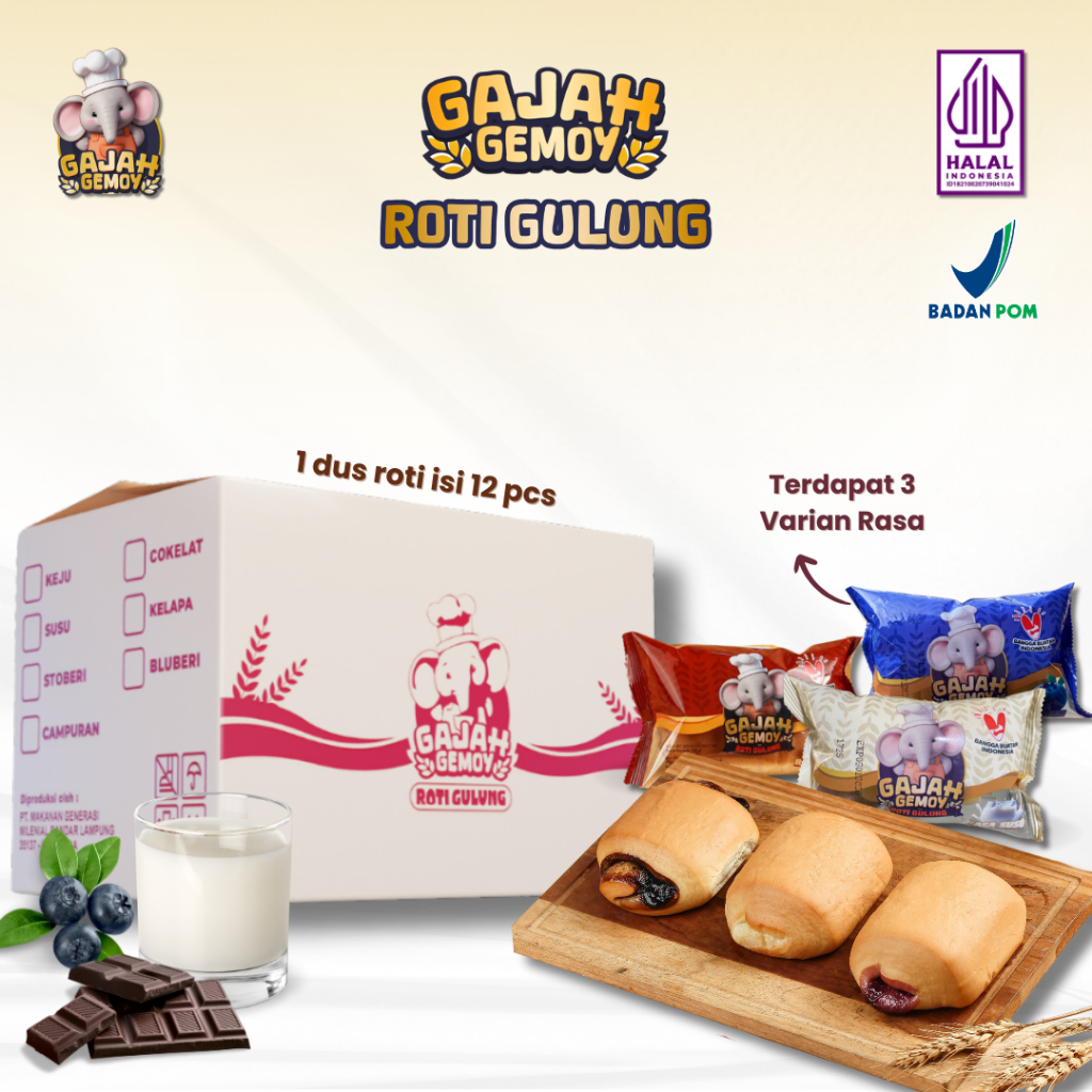 Jual Gajah Gemoy - Roti Gulung Gajah Gemoy Rasa Susu Blueberry Cokelat ...