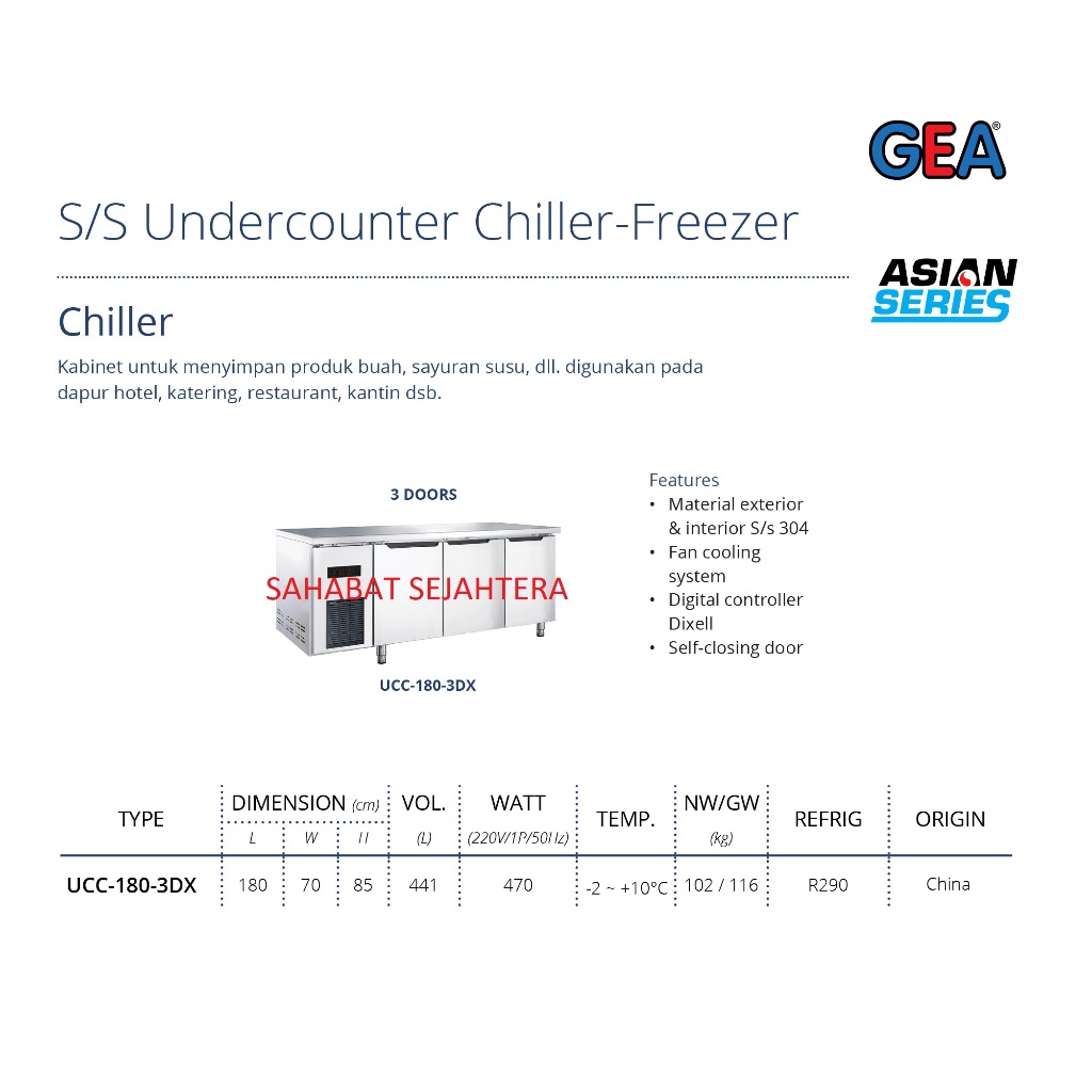 Jual GEA Stainless Steel Undercounter Chiller UCC-180-3Dx Chiller ...