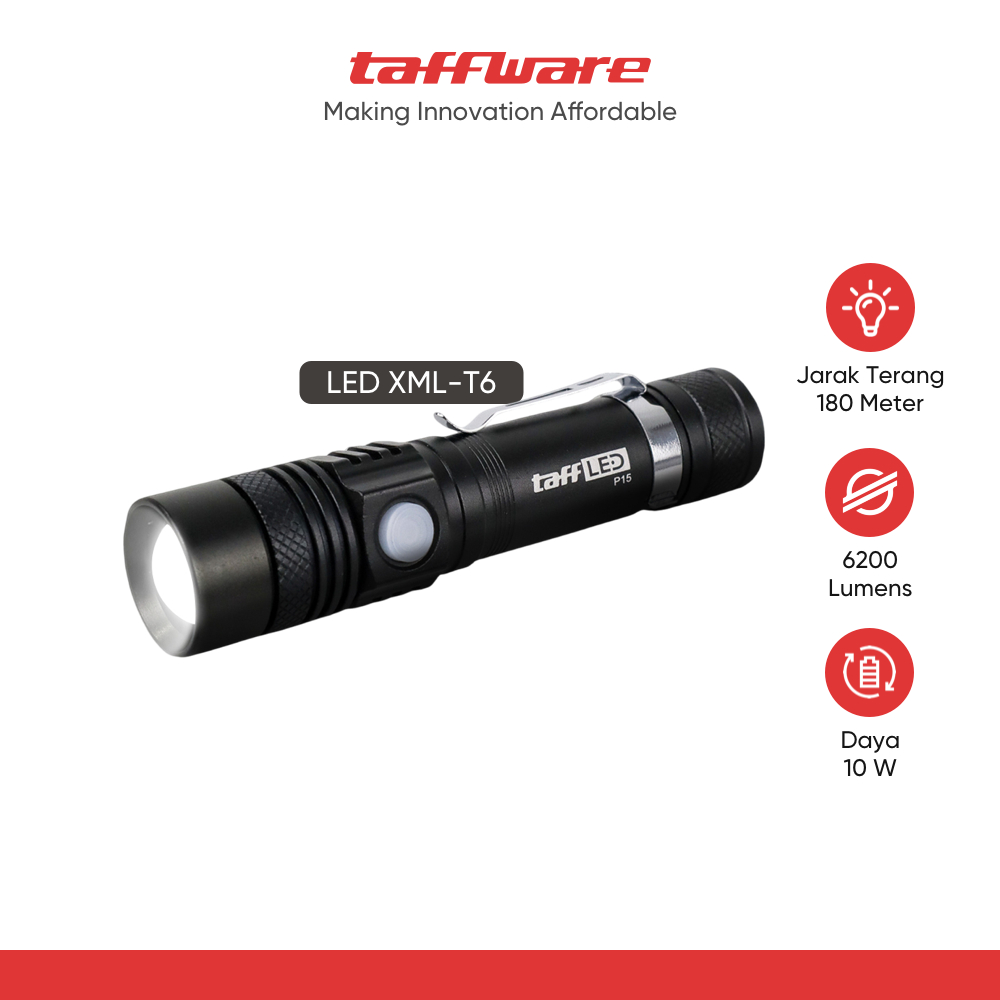 Jual TaffLED Senter LED USB Rechargeable XML-T6 6200 Lumens 10W - P15 | Shopee Indonesia
