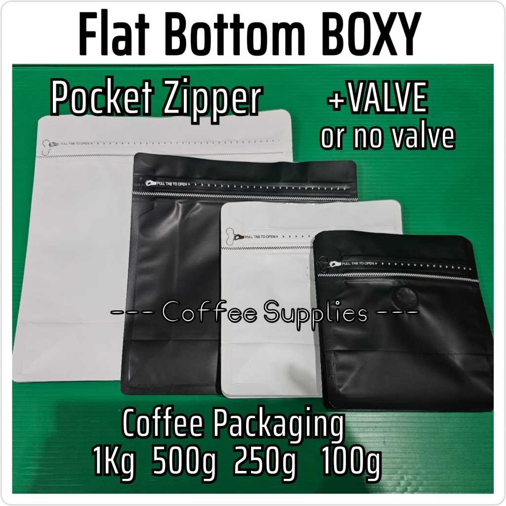 Jual FLAT BOTTOM BOXY BLACK WHITE DOFF 1kg 500g 250g 200g 100g coffee ...