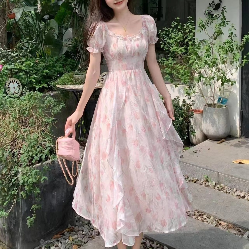 Jual Gaun Sifon Manis Motif Bunga Leher Persegi Desain Prancis Cinta ...