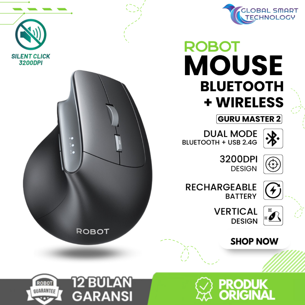 Jual ROBOT Guru Master 2 Mouse Bluetooth & Wireless 2.4G Vertikal ...