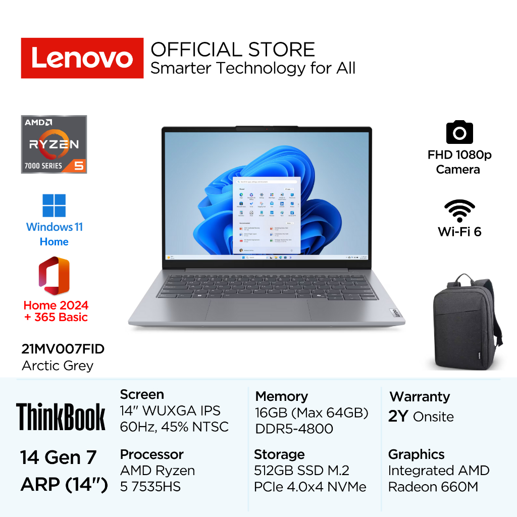 Jual Lenovo ThinkBook 14 Gen 7 ARP 7FID AMD Ryzen 5 7535HS Win11 16GB 512GB SSD 14" WUXGA IPS ...