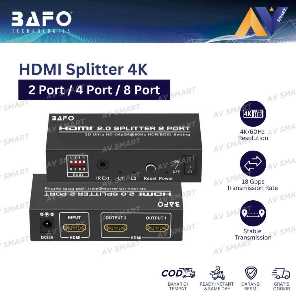 Jual BAFO HDMI Splitter 2 Port / 4 Port / 8 Port Support 4K X 2K ...