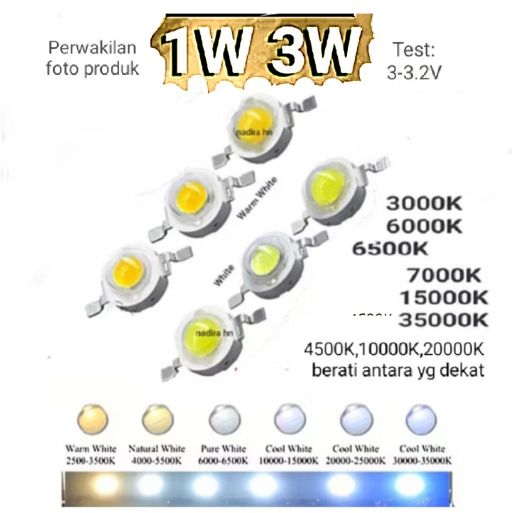 Jual 1-5pcs Macam² 3W 1W 3-3.4volt Warna Kelvin(K) LED 1 watt 3 watt ...