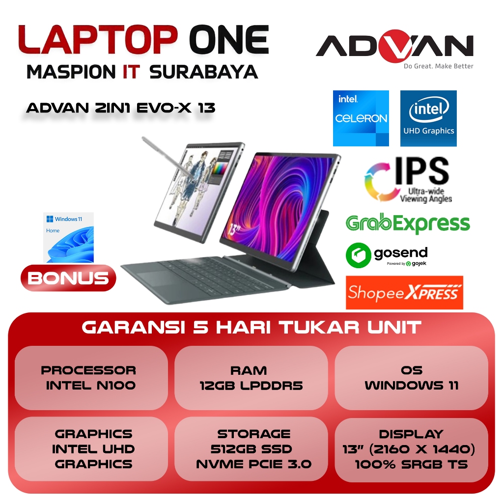 Jual ADVAN 2IN1 EVO-X 13 N100 12GB 512GB W11 13.0 2K IPS GRY KEYBOARD | Shopee Indonesia