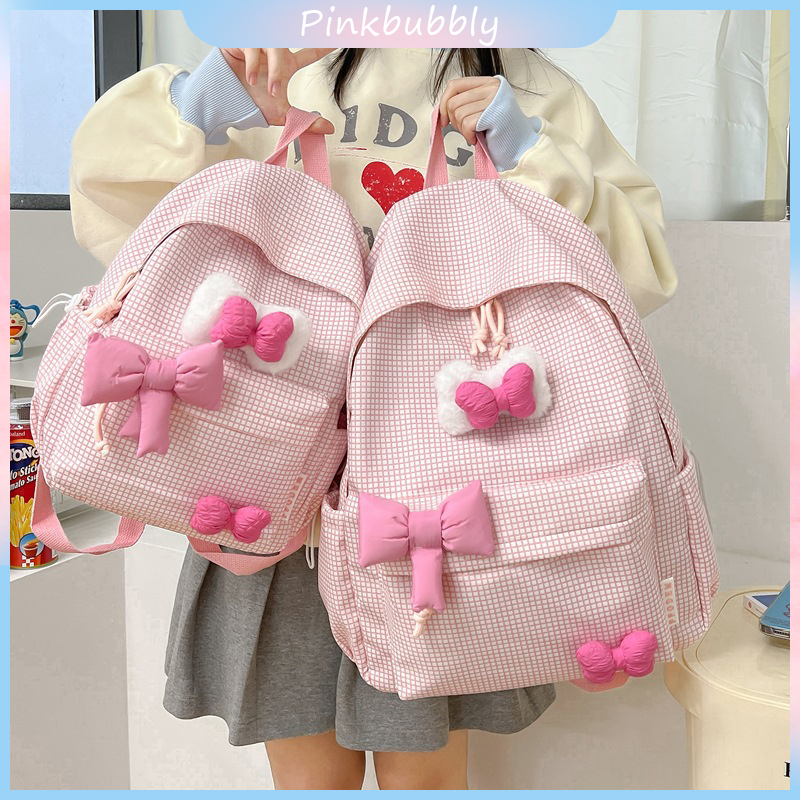 Jual Pinkbubbly .Ransel Merah Muda Tas Pita Baru Y2K Versi Korea Tas Sekolah Kotak-Kotak Hati ...