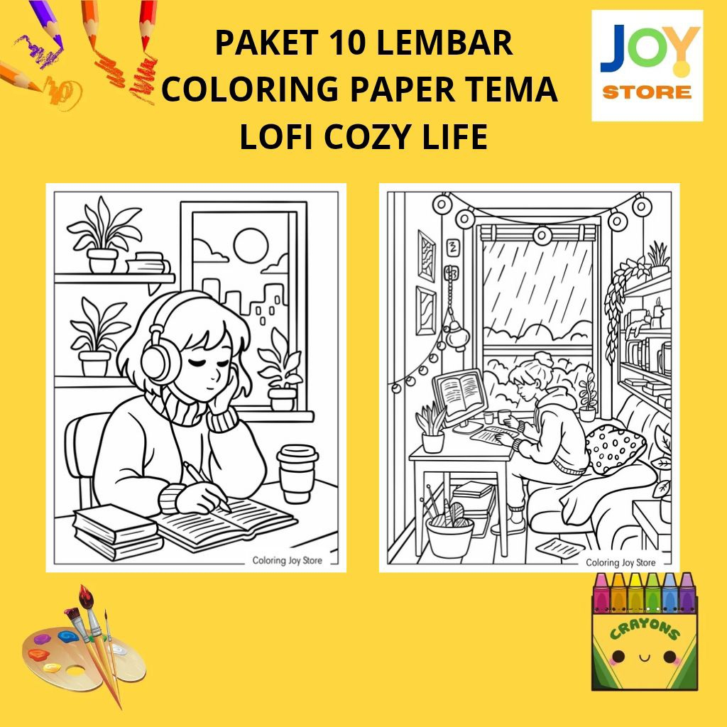 Jual PAKET 10 Lembar Kertas Gambar Mewarnai Tema Lofi Cozy Life ...