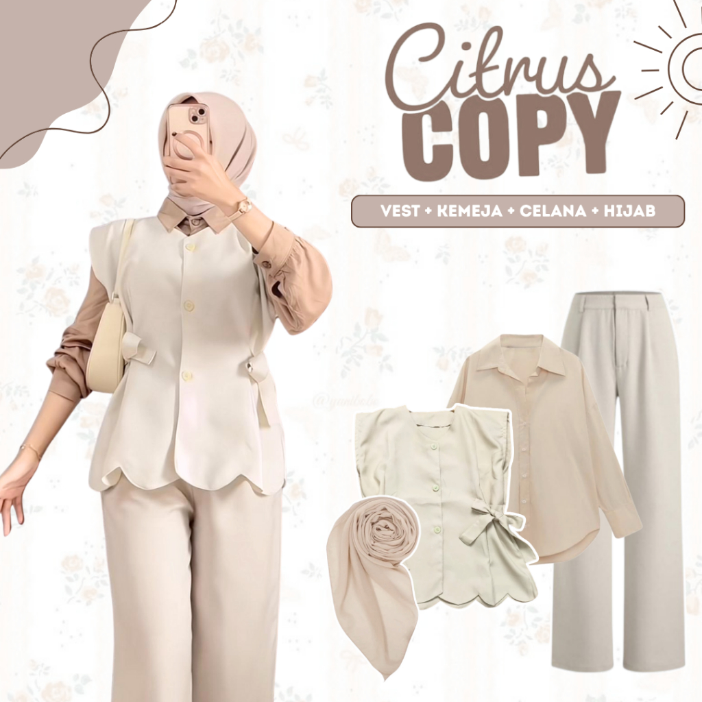 Jual One set hijab ootd korean|outfit kampus (Vest wanita, Kemeja, Celana kulot, Bella square ...