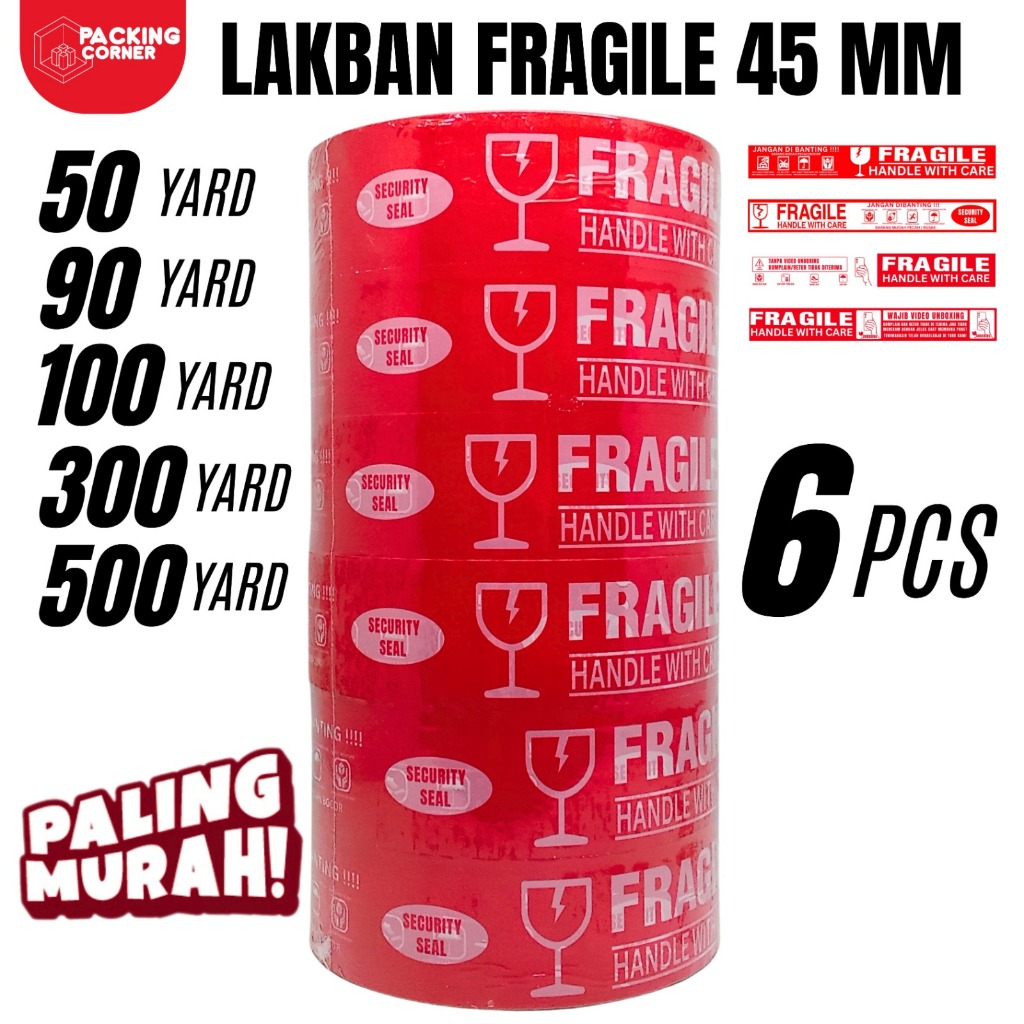 Jual 1 SLOP - 6 PCS Lakban Fragile Merah UNBOXING 90 - 500 YARD ...