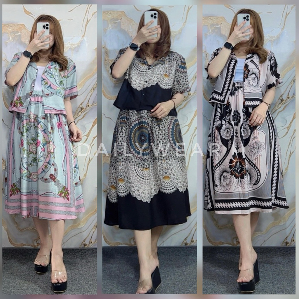 Jual DW - Set Crop Setelan Rok 2in1 Wanita Motif Rayon Premium Busui Friendly Kancing - Oneset ...