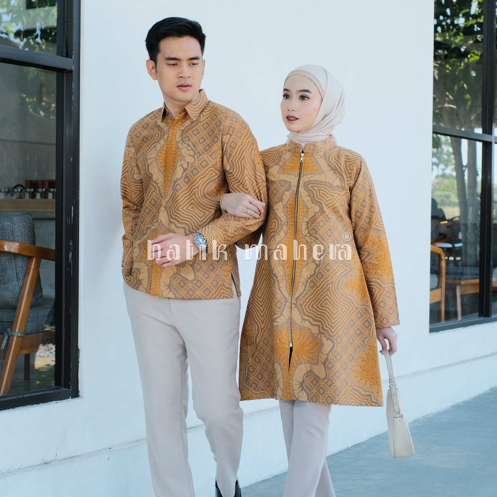 Jual Batik Mahera Couple Batik Premium Kemeja Tunik Batik Modern Motif Binawa Warna Kuning Soft ...