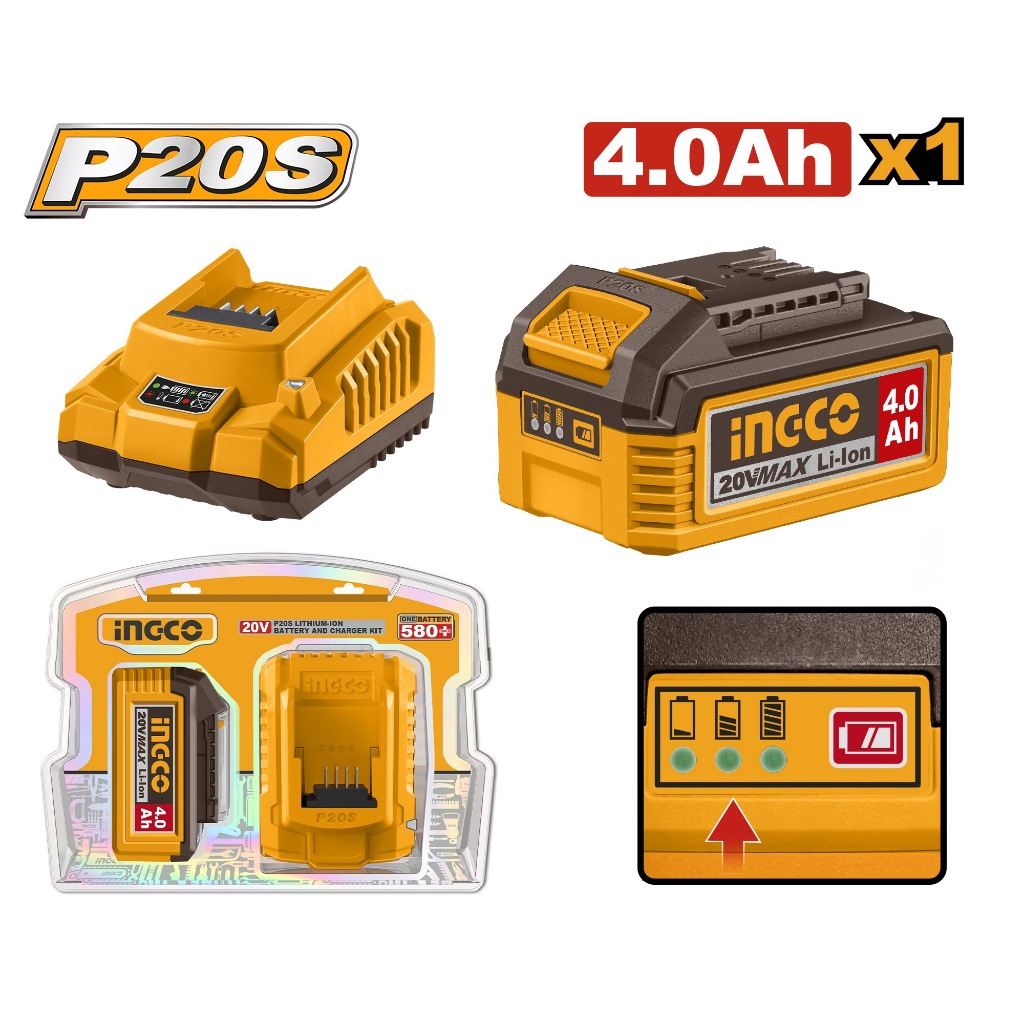 Jual PAKET Baterai 4.0Ah 20V + Fast Charger 2A INGCO FBCPK1012 Cordless ...