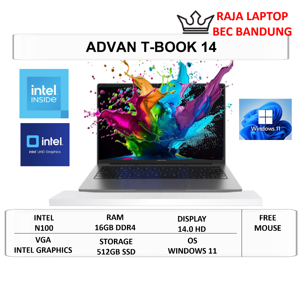 Jual Laptop Advan T-BOOK 14 Intel N100 Ram 16GB SSD 512GB 14" HD ...