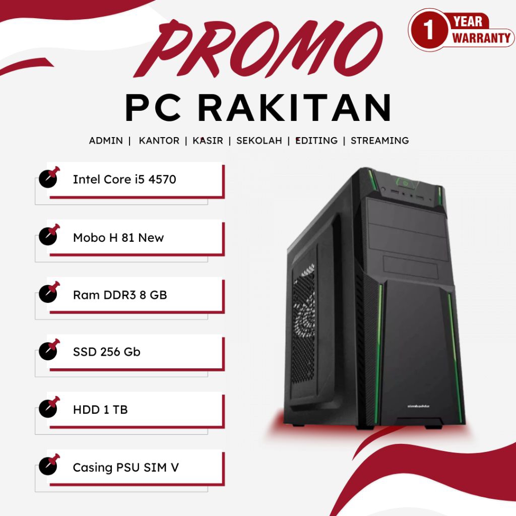 Jual PC Rakitan Siap Pakai Intel Core i5 4570 Mobo H81 RAM DDR3 8GB HDD 1TB Casing Sim V ...