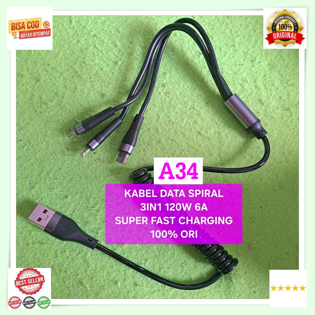 Jual A34 CABLE SPIRAL PER SUPER FAST CHARGING 3IN 1 KABEL DATA SPIRAL ...