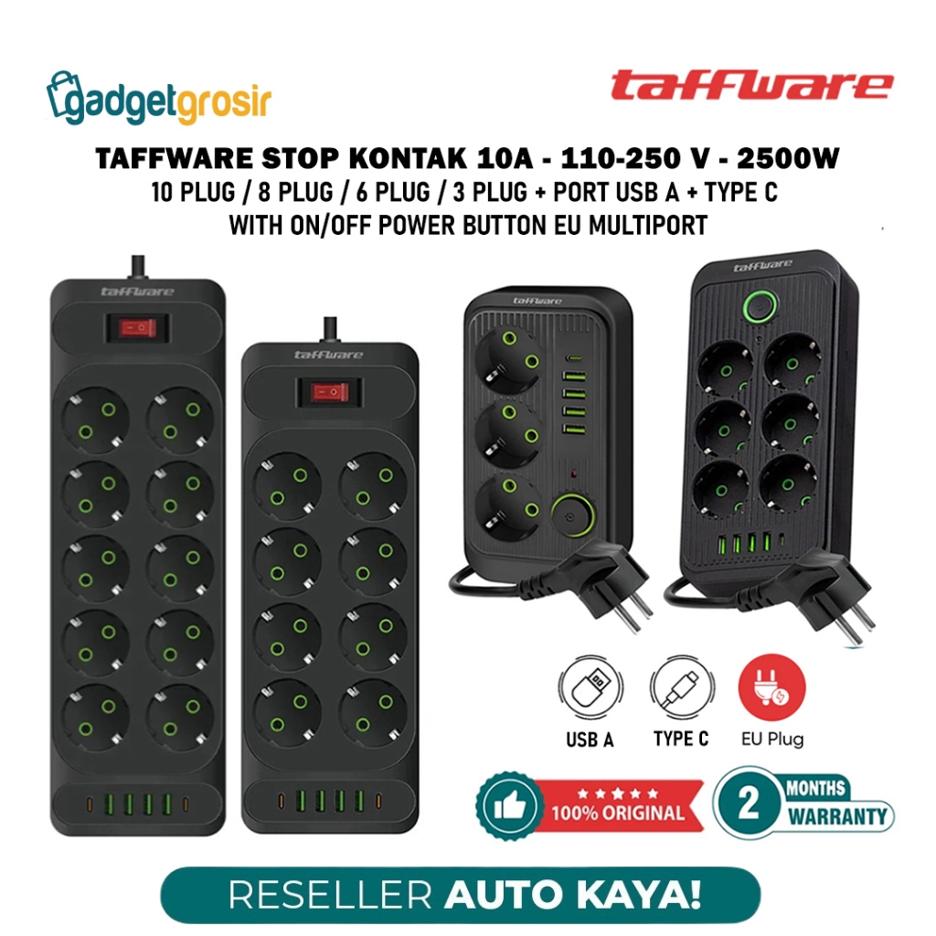 Jual Taffware Stop Kontak Multiport 10 Plug / 8 Plug / 6 Plug / 3 Plug EU + 4 Port USB A + Port ...