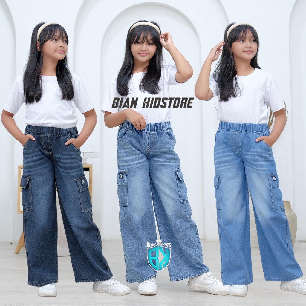 Jual Celana Cargo Jeans anak Highwaist Kulot Skena Gombrong Whisker Unisex usia 5-14 tahun ...