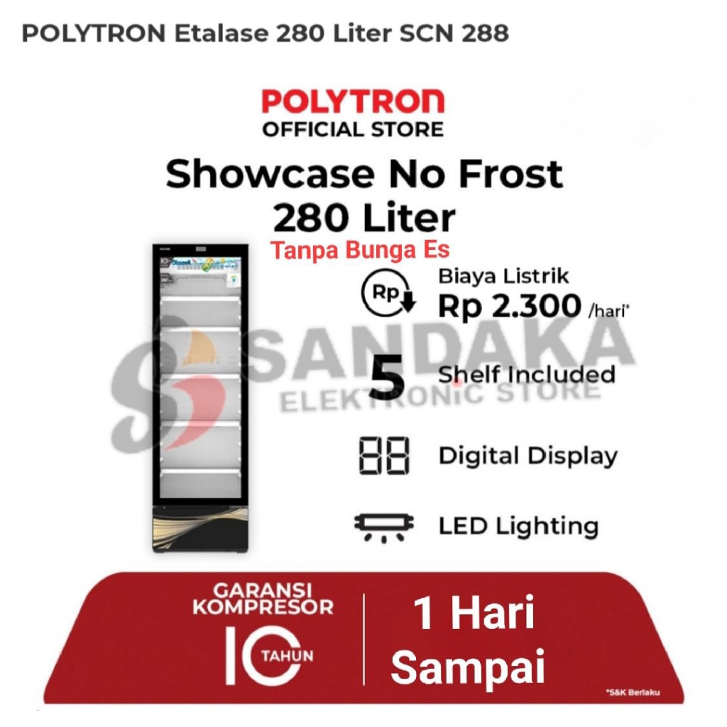 Jual show case polytron 280 liter no frost tanpa bunga es 5 rak scn 288 ...