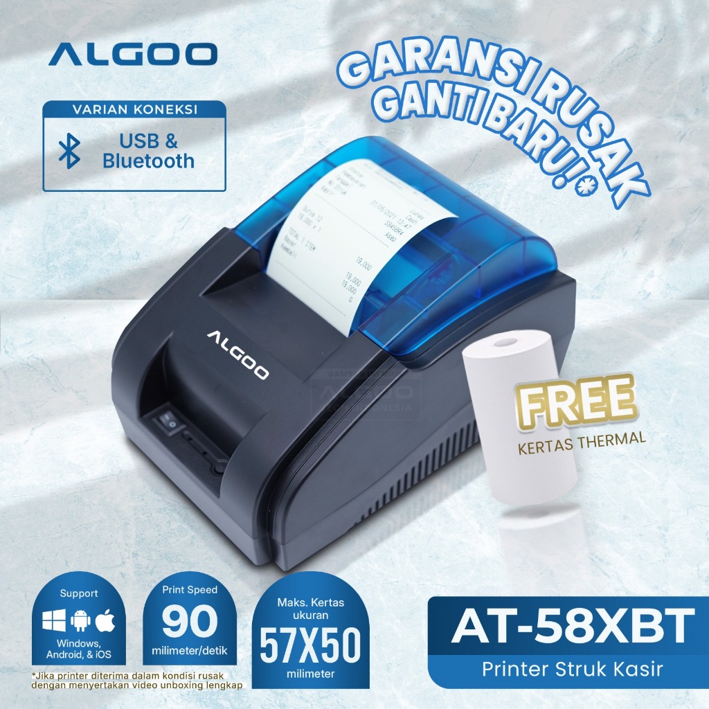 Jual ALGOO AT-58XBT Printer Thermal Struk Nota Kasir USB Bluetooth RJ ...