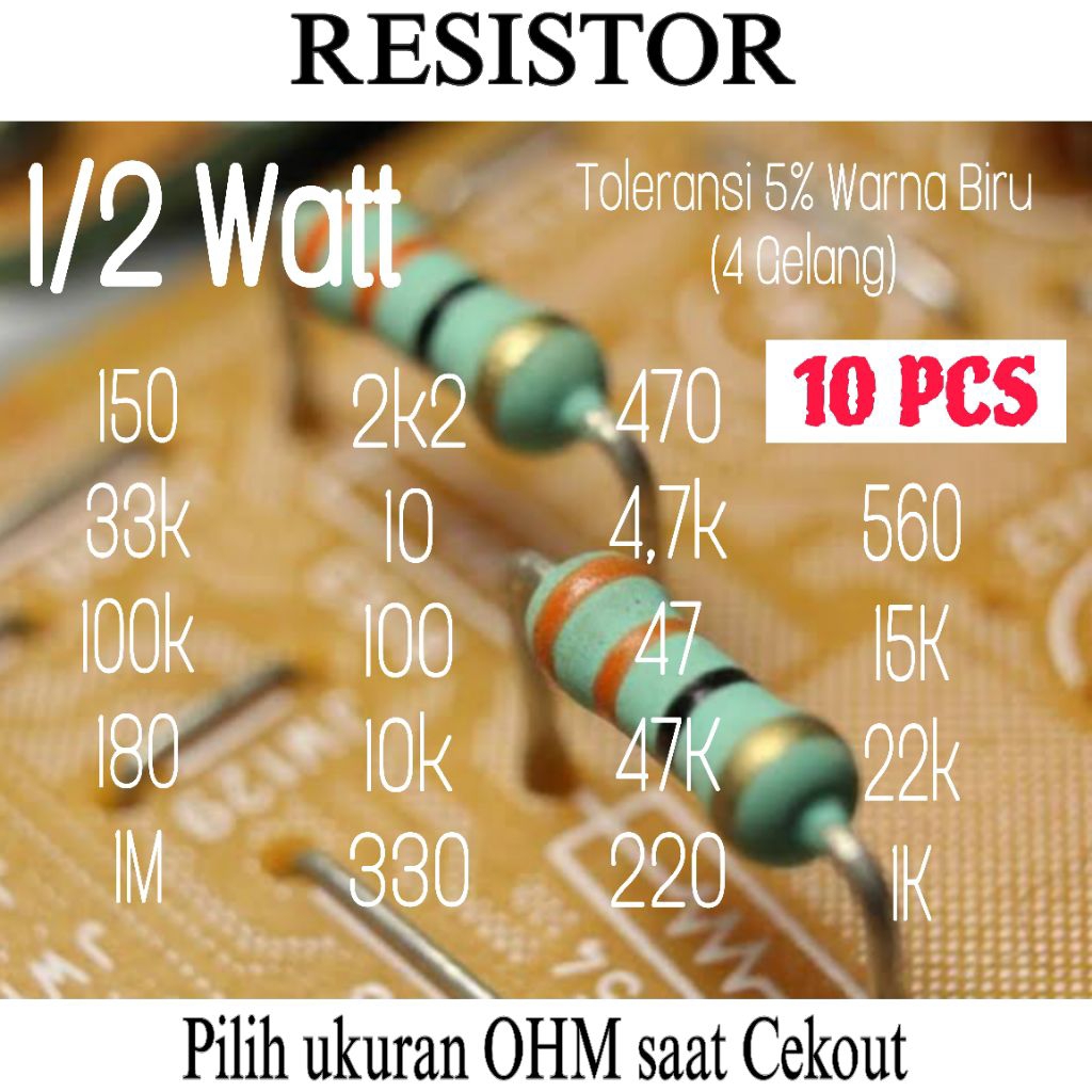 Jual Resistor 1/2 Watt pilih ukuran ohm Resistor 0,5w 1/2w 560 1k 15k ...