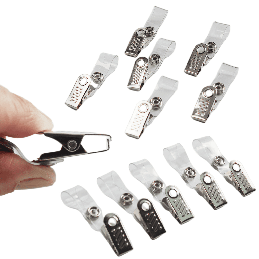 Jual jepit garis Name Tag 100pcs Japit Id Card Saku Klip Kancing Bening ...