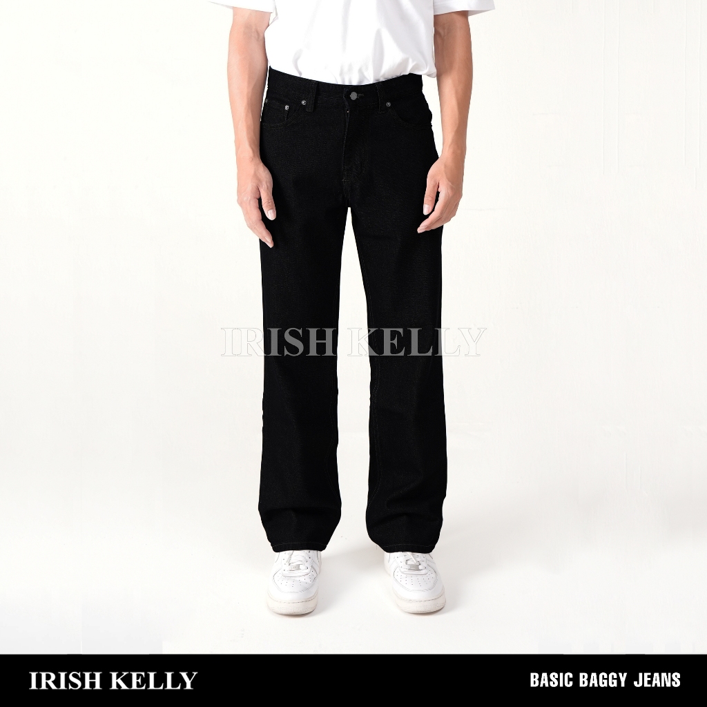 Jual IRISH KELLY Basic Baggy Jeans Long Pants Denim Jet Black | Shopee ...