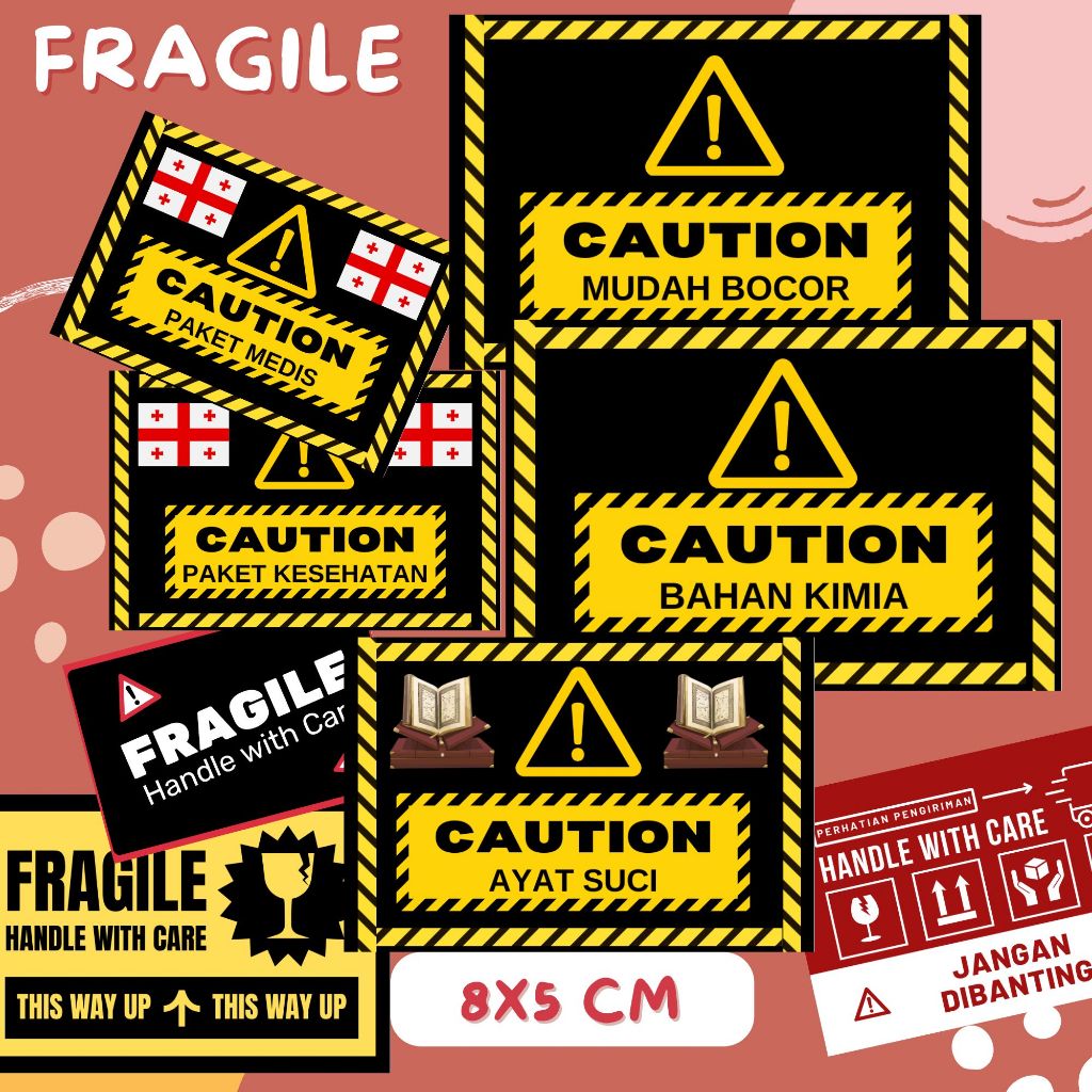 Jual sticker fragile 60 pcs fregile stiker 8x5 cm x 8 custom lakban ...