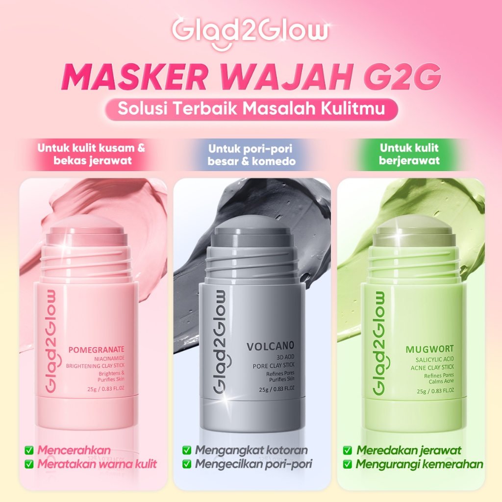Jual Glad2Glow Pomegranate Niacinamide Brightening Clay Stick Mugwort Acne Clay Mask Stick ...