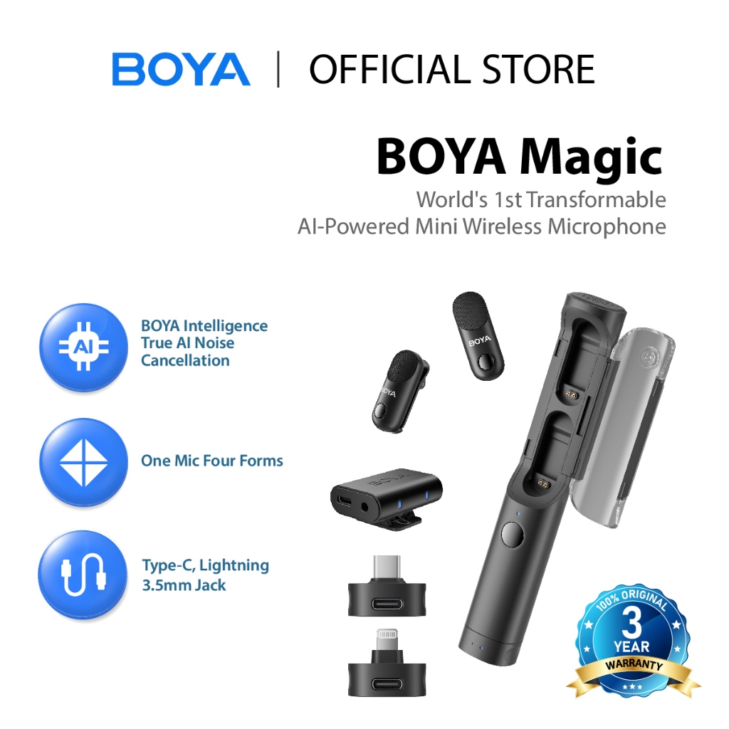 Jual BOYA Magic-02 Type-C MFi Lightning 3.5mm TRS Sistem Mikrofon Transformable AI-Powered Mini ...