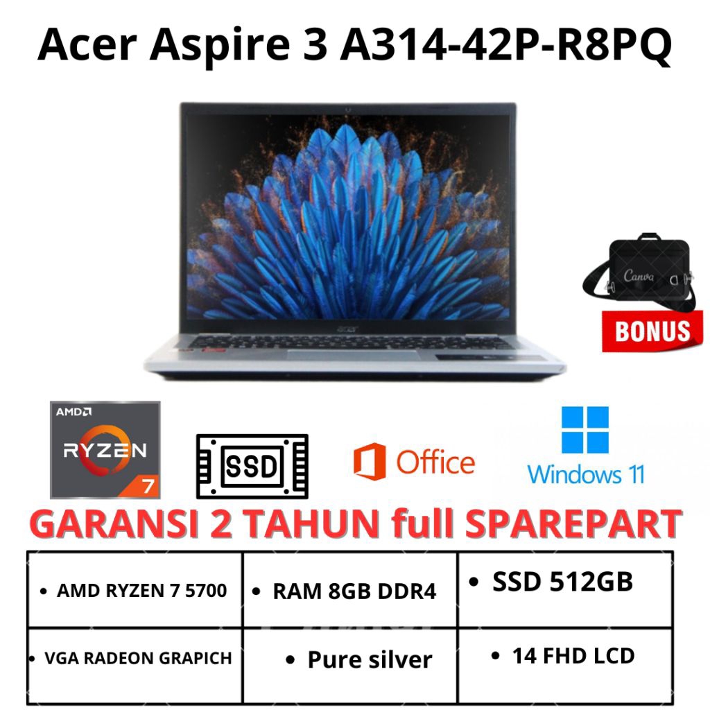 Jual Acer Aspire 3 A314-42P-R8PQ with AMD Ryzen 7 5700U and 8GB LPDDR4 ...