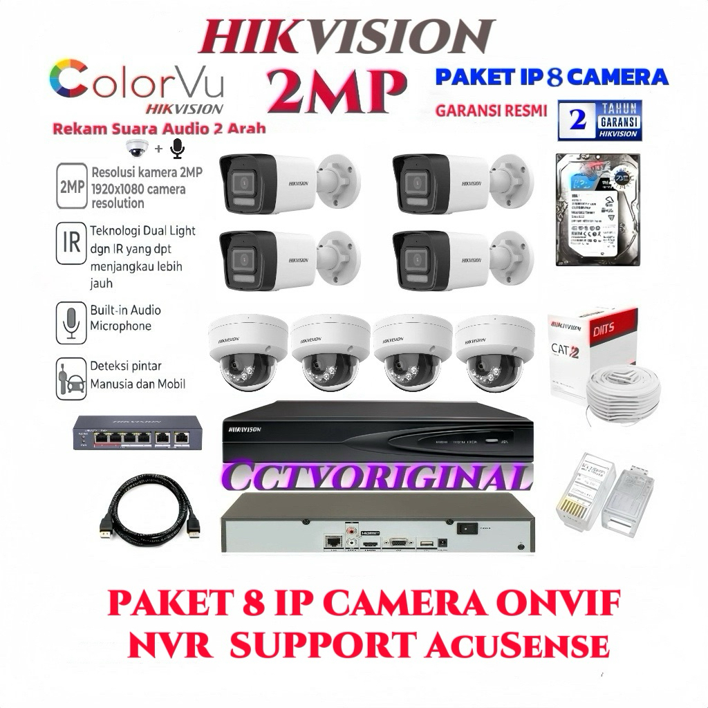 Jual PAKET CCTV HIKVISION IP CAMERA 2MP 8 CHANNEL 8 CAMERA COLORVU TWO ...