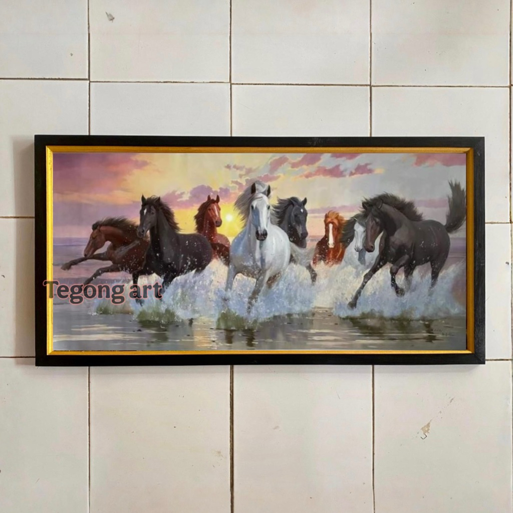 Jual hiasan dinding lukisan cetak gambar 8 kuda di laut plus bingkai ...