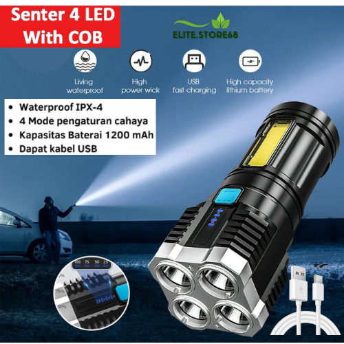 Jual Senter LED 4 Mata 48 W 20 W / Senter LED Chargeable / Senter Cas ...