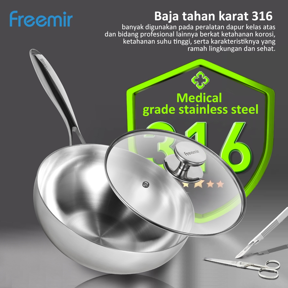 Jual freemir 0-Coating Panci Stainless Steel type 316 Serbaguna Anti Lengket Premium 24 Cm wajan ...