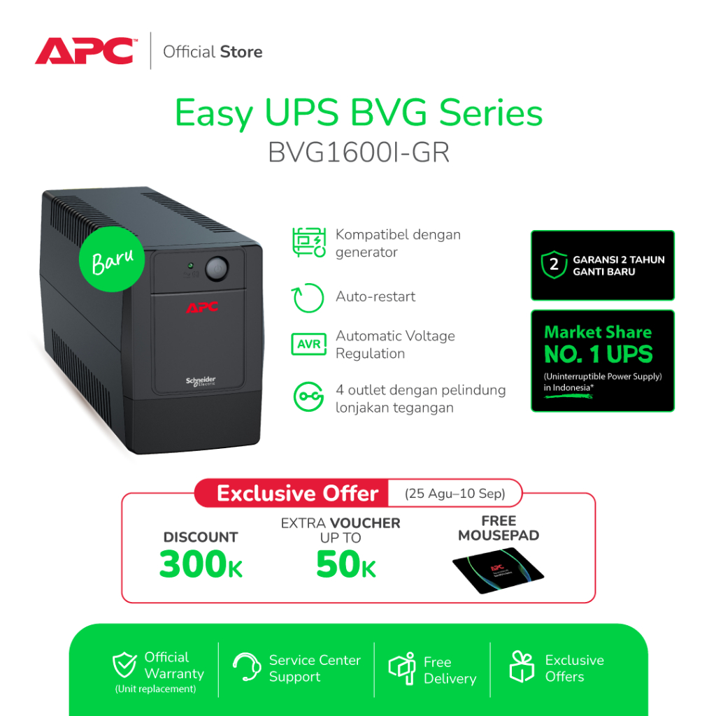 Jual UPS APC Easy UPS BVG 1600VA 900W BVG1600I-GR Tower 230V Schuko AVR ...