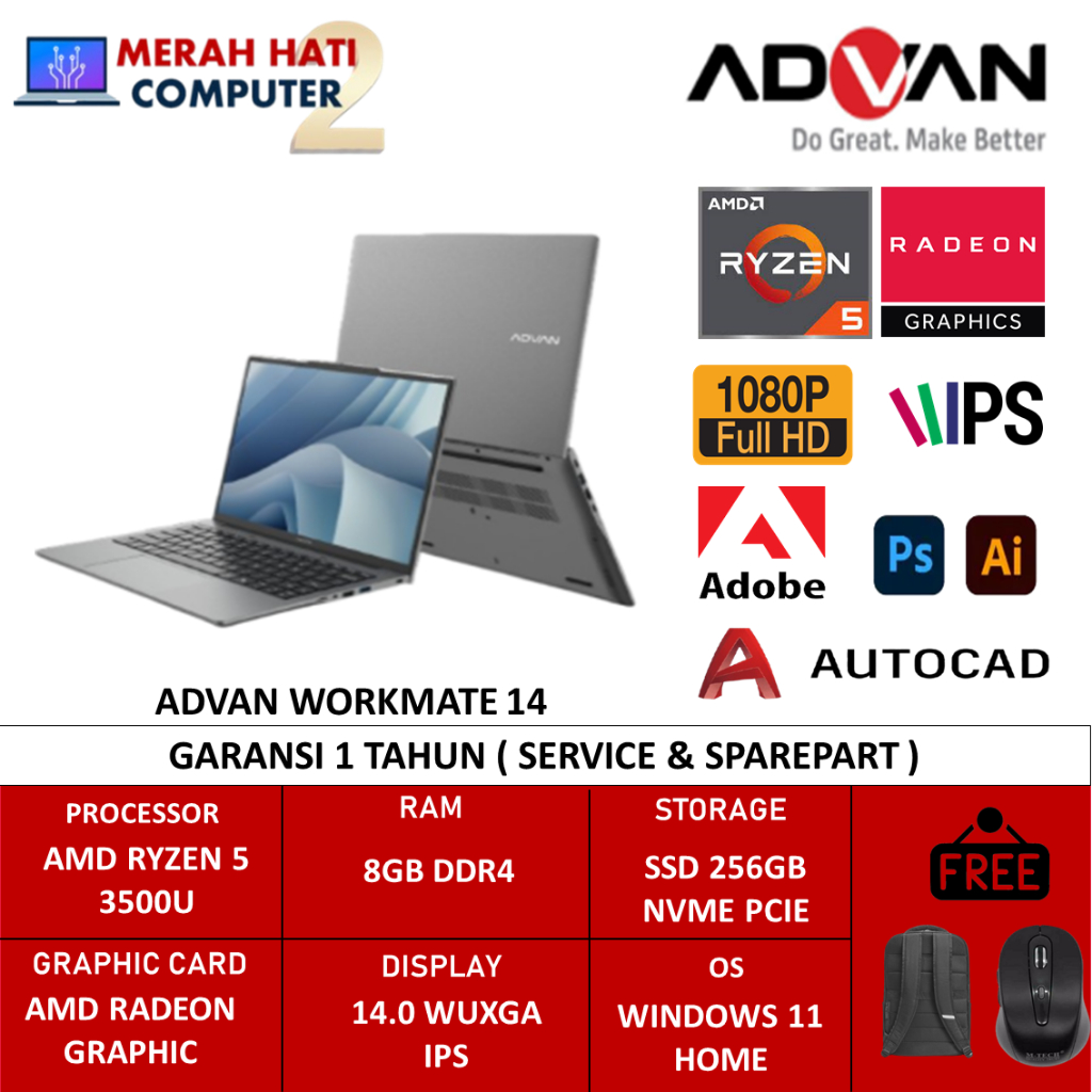 Jual Advan WorkMate AMD Ryzen 5 3500U Ram 8GB 256GB Ssd FHD IPS Windows ...